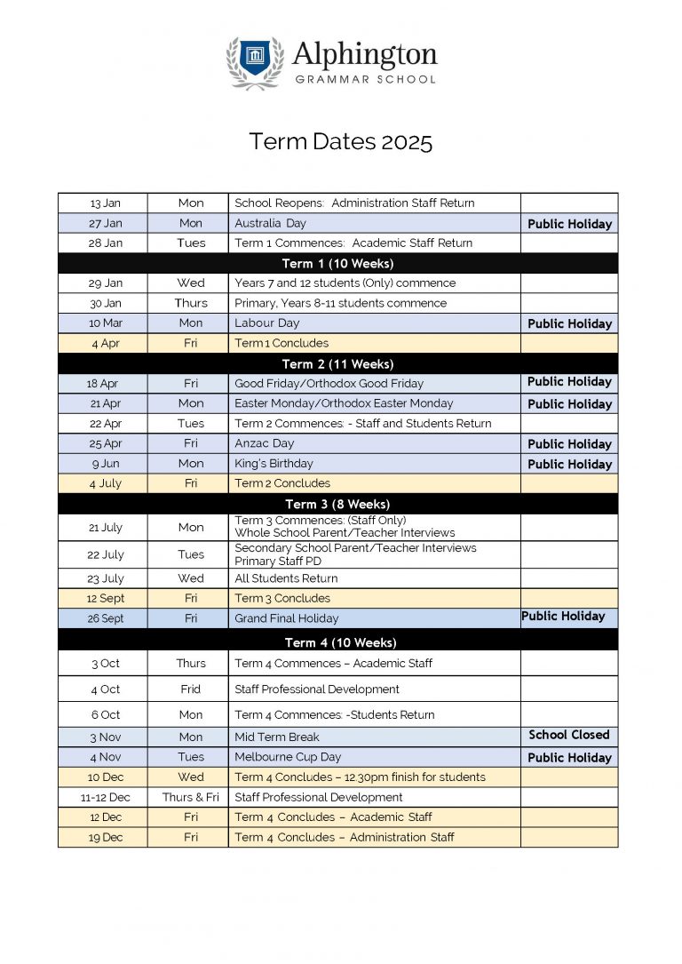 Calendar | Alphington Grammar School